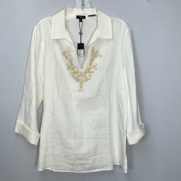 Talbots | Tops | Talbots White Embellished Linen Tunic Top Mp Nwt ...